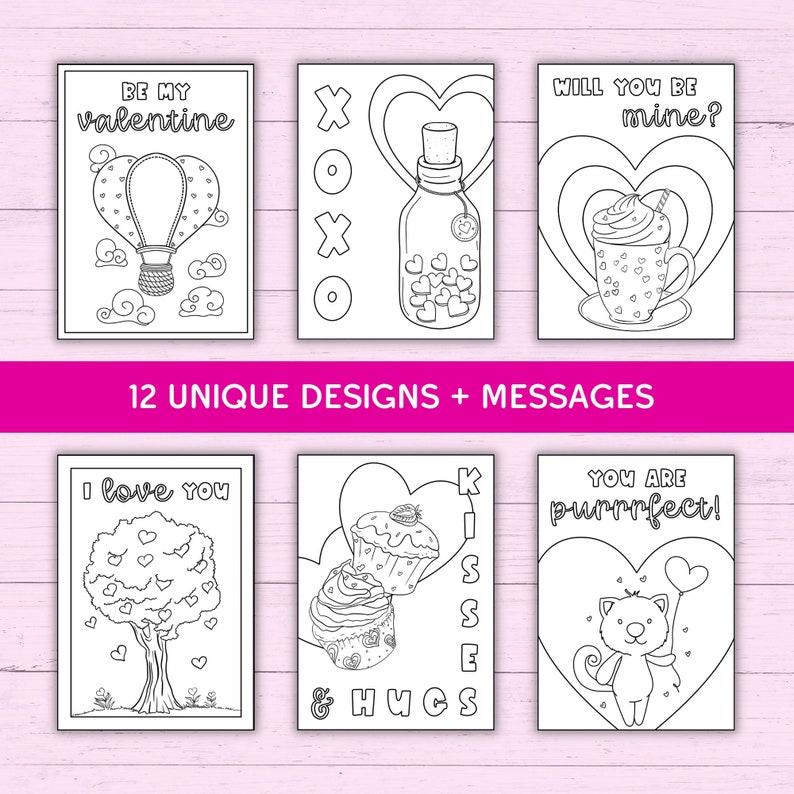 Tarjetas para colorear del Día de San Valentín - 12 diseños dibujados a ...