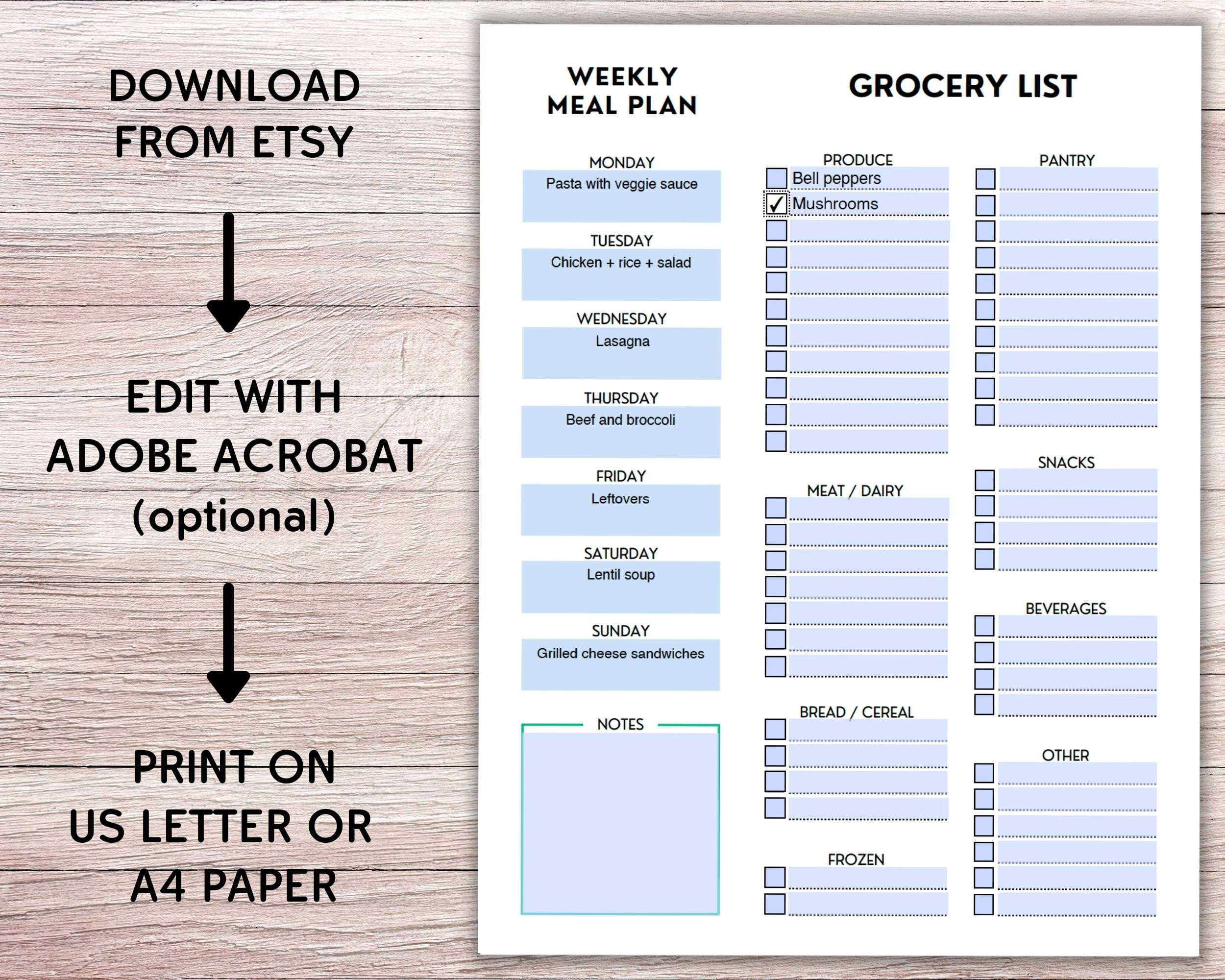 Printable Grocery List Menu Combo US Letter A4 Editable - Etsy Canada