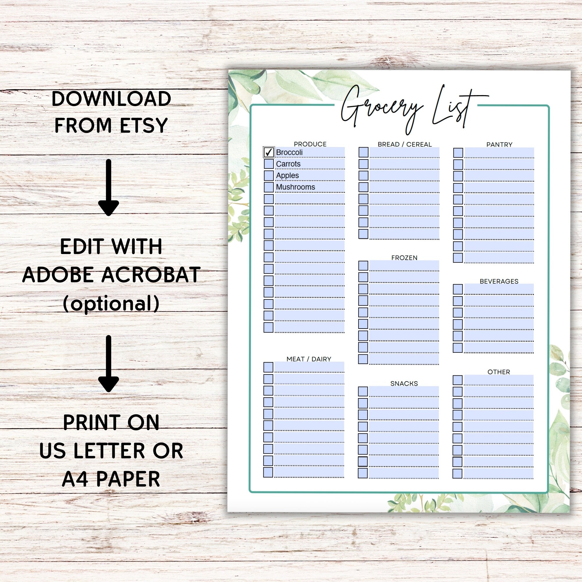 Pretty Digital Grocery List - US Letter + A4 - Editable Instant ...
