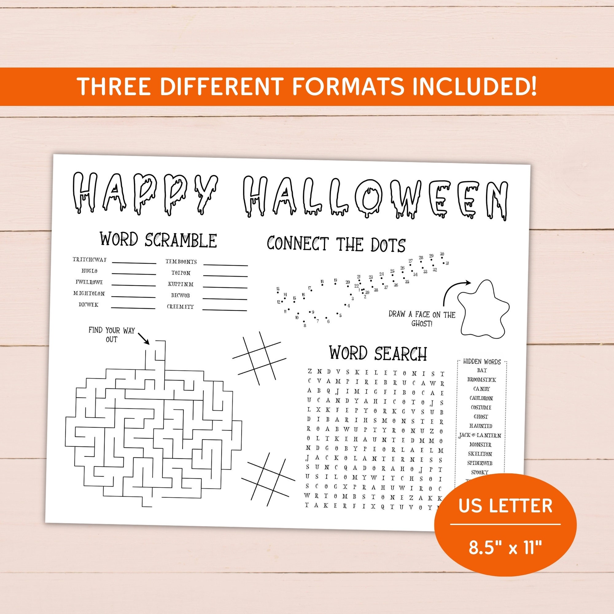Printable Halloween Activity Placemat for Kids - 3 Sizes - Activity ...