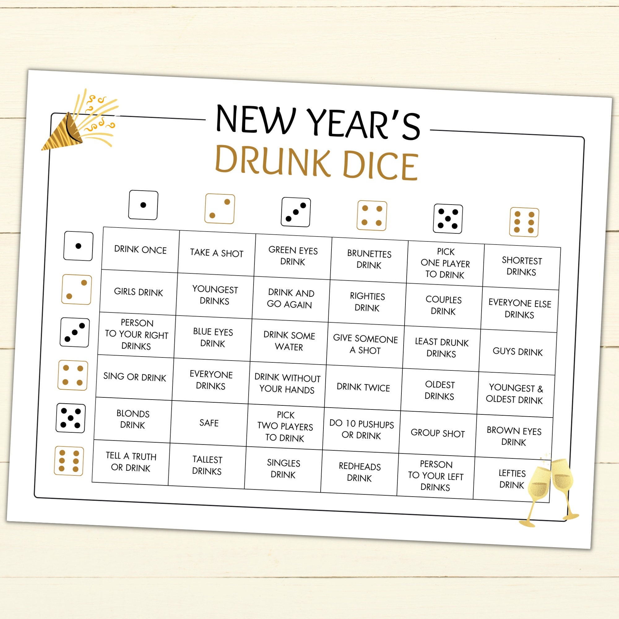 Printable New Years Eve Drunk Dice Game - Drinking Game for Adults ...