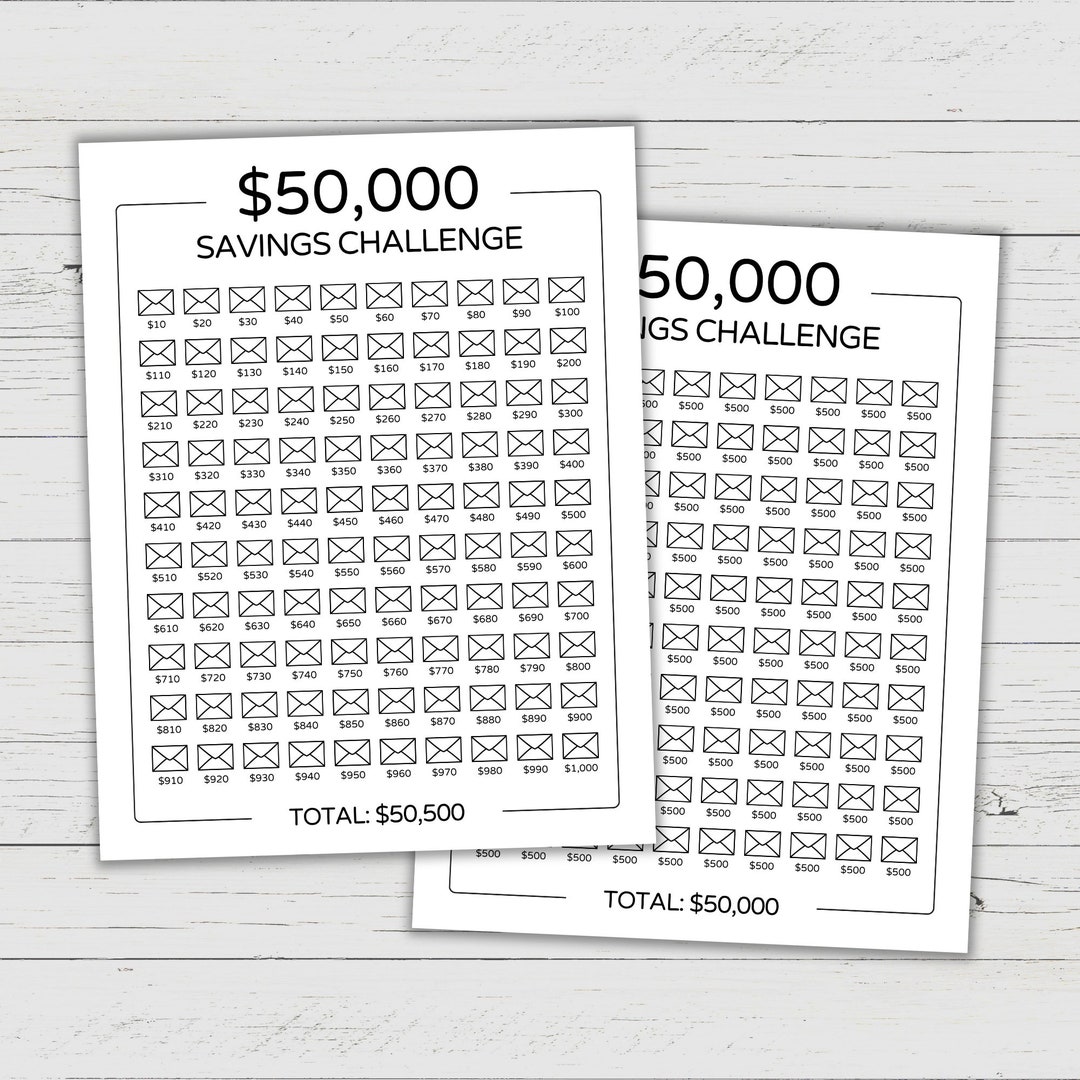 50K Savings Challenge Printable - 100 Envelopes Saving Challenge - 50000 Savings Tracker ...