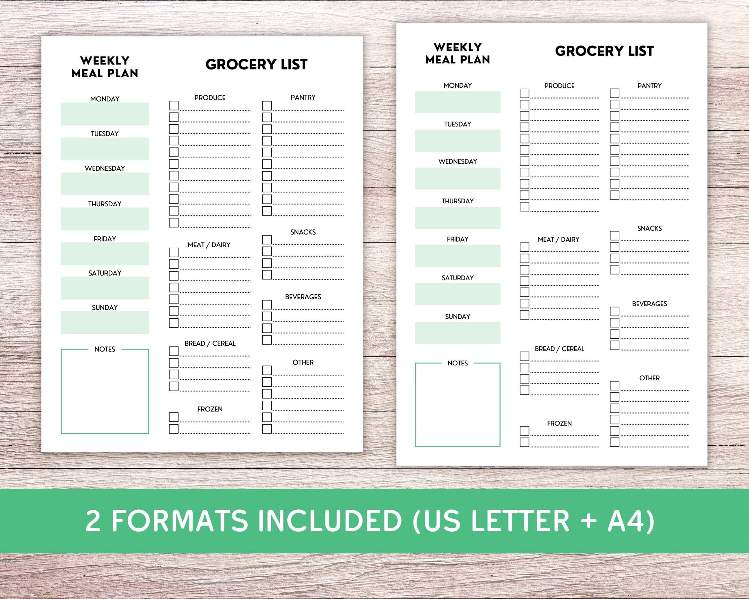 Printable Grocery List Menu Combo US Letter A4 Editable - Etsy