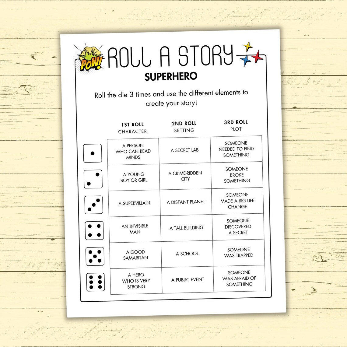 Roll a Superhero Story - Creative Writing Prompt Activity - Printable ...