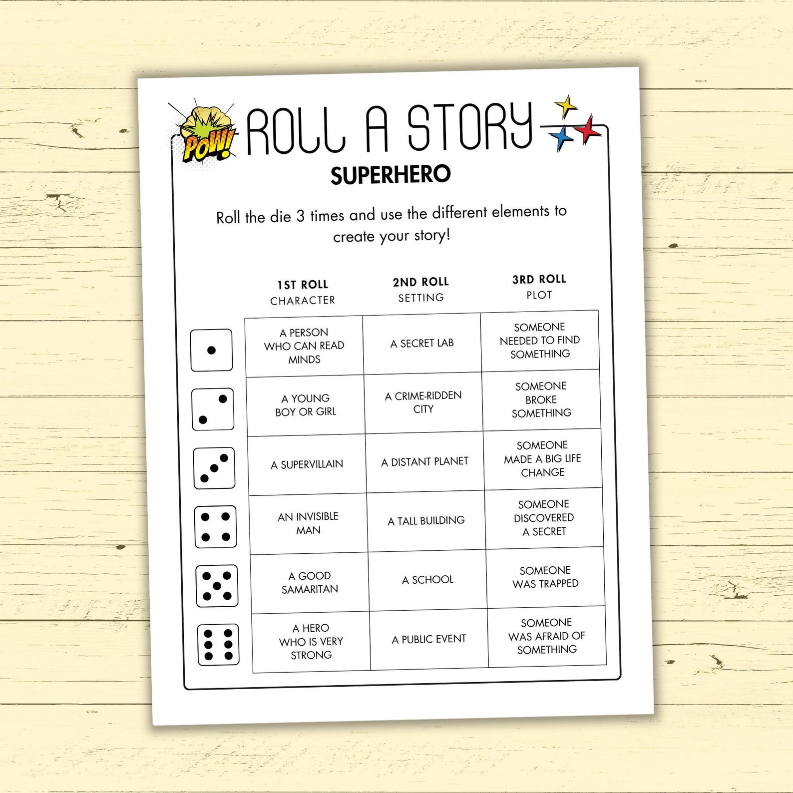 Roll a Superhero Story - Creative Writing Prompt Activity - Printable ...
