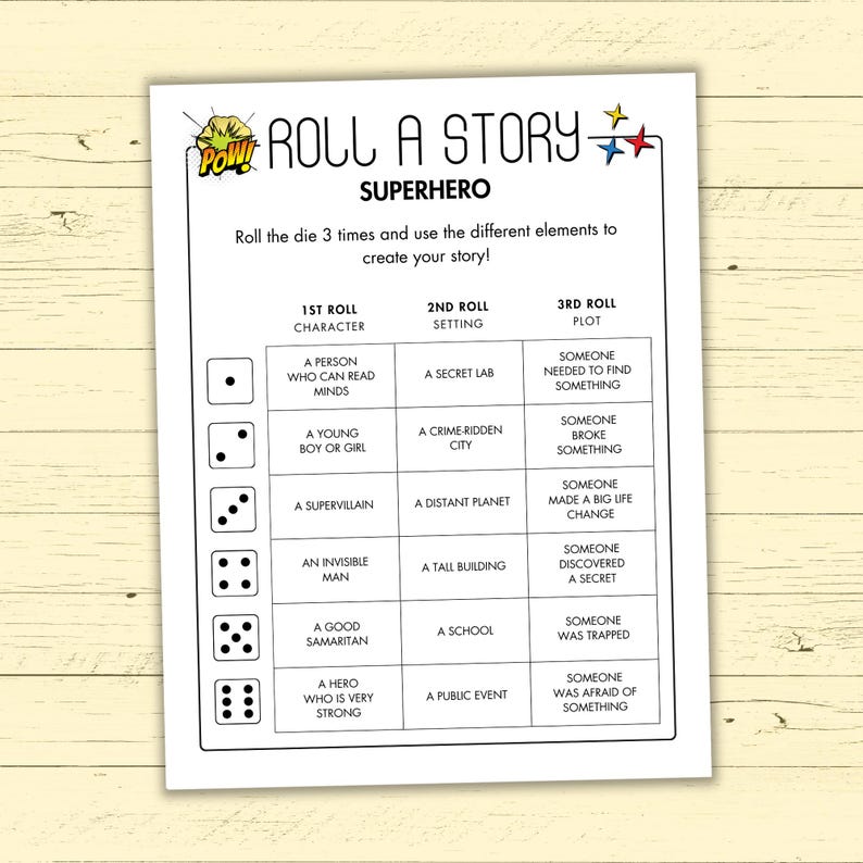 Roll a Superhero Story - Creative Writing Prompt Activity - Printable ...