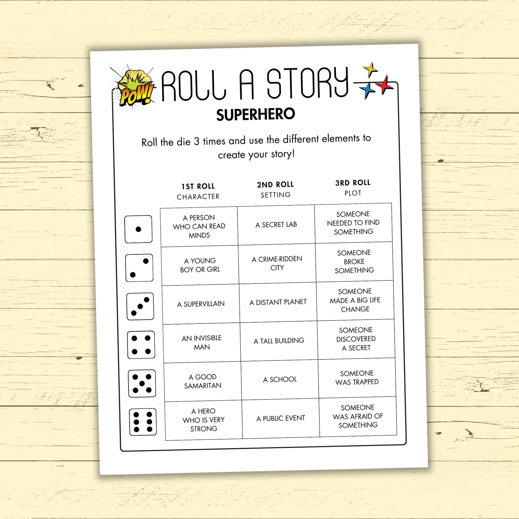 Roll a Superhero Story - Creative Writing Prompt Activity - Printable ...