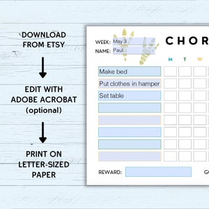 Editable Printable Chore Chart for Kids Blue & Green Design With ...