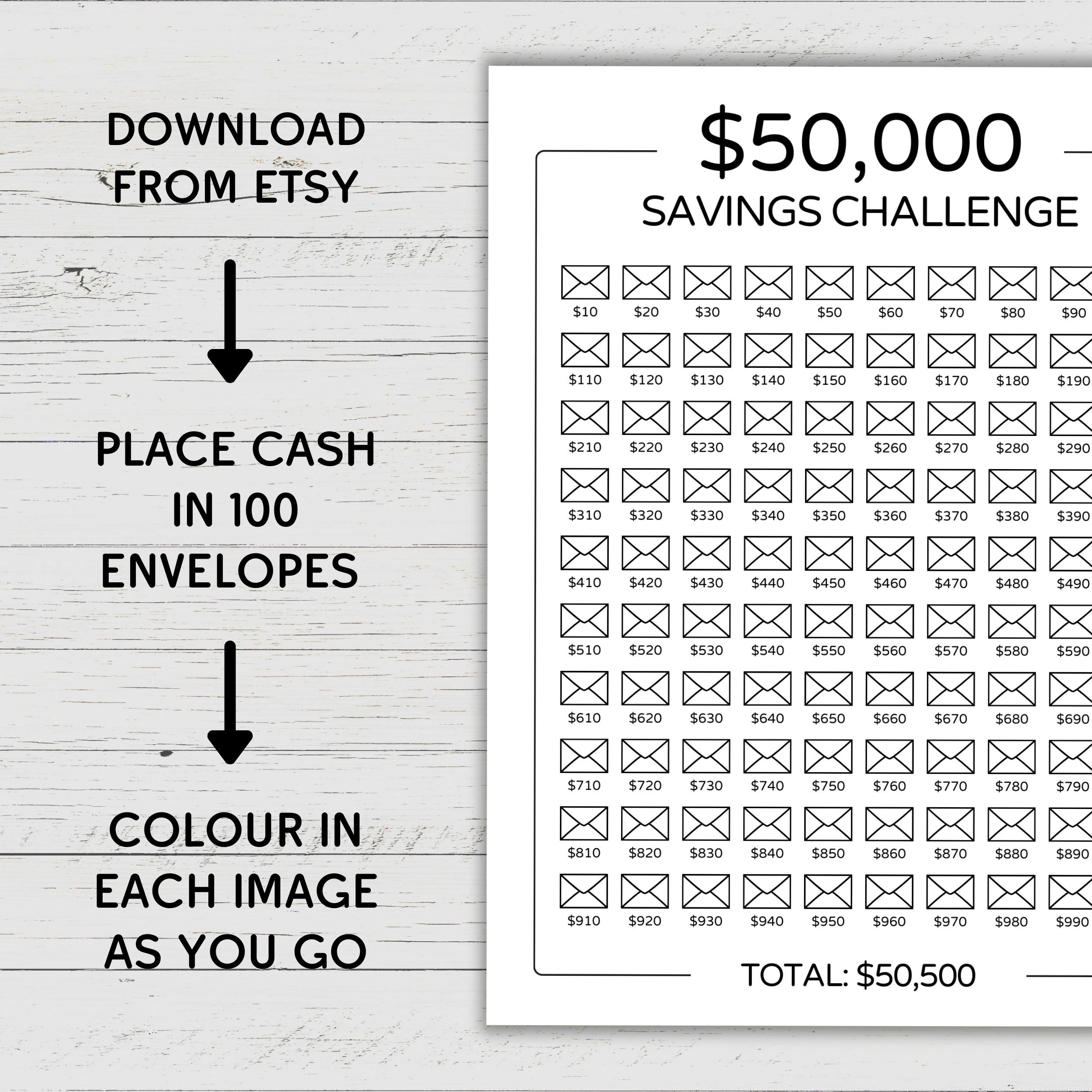 50K Savings Challenge Printable - 100 Envelopes Saving Challenge ...