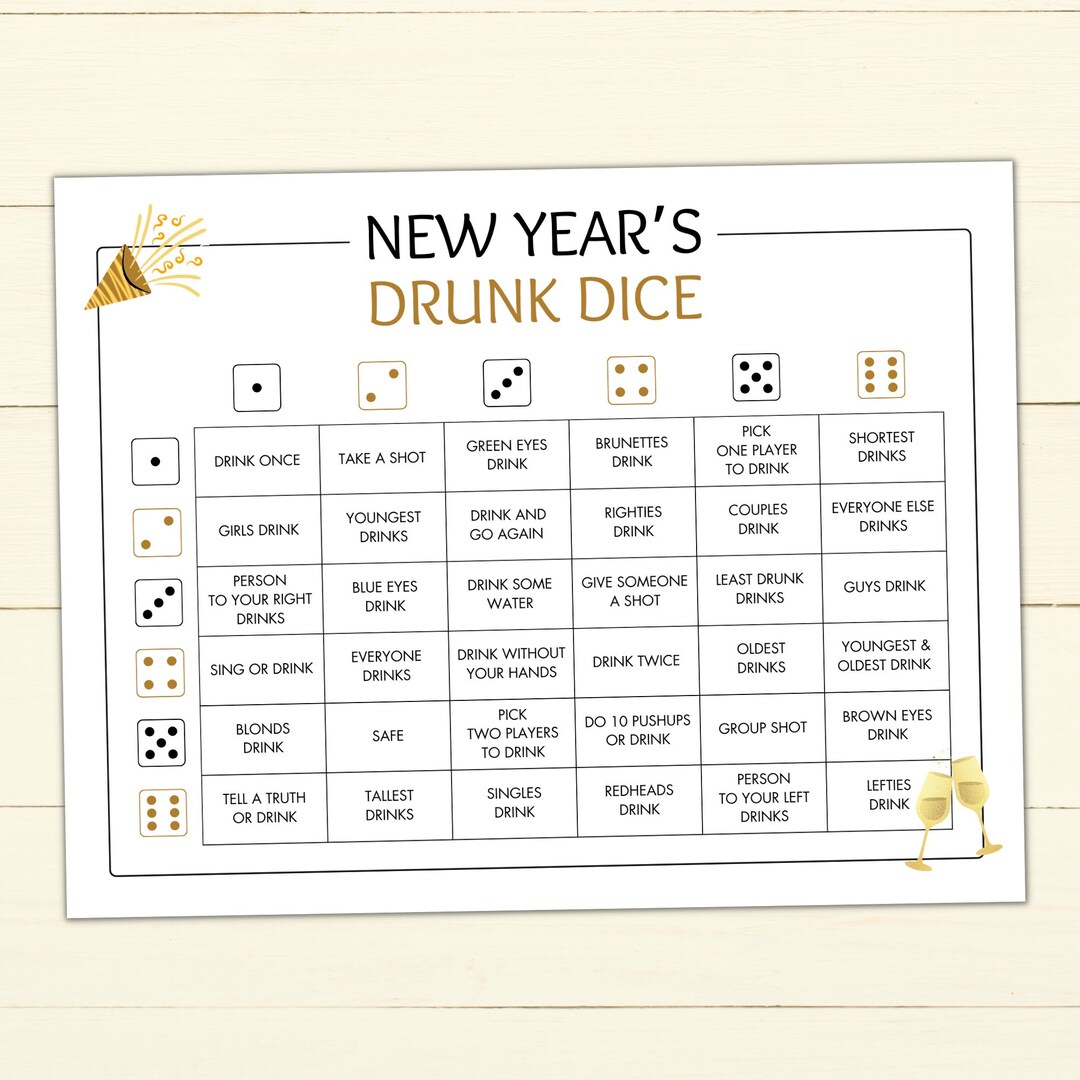 Printable New Years Eve Drunk Dice Game - Drinking Game for Adults ...