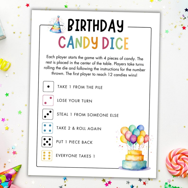 Printable Birthday Candy Dice Game - Birthday Party Game - Birthday ...
