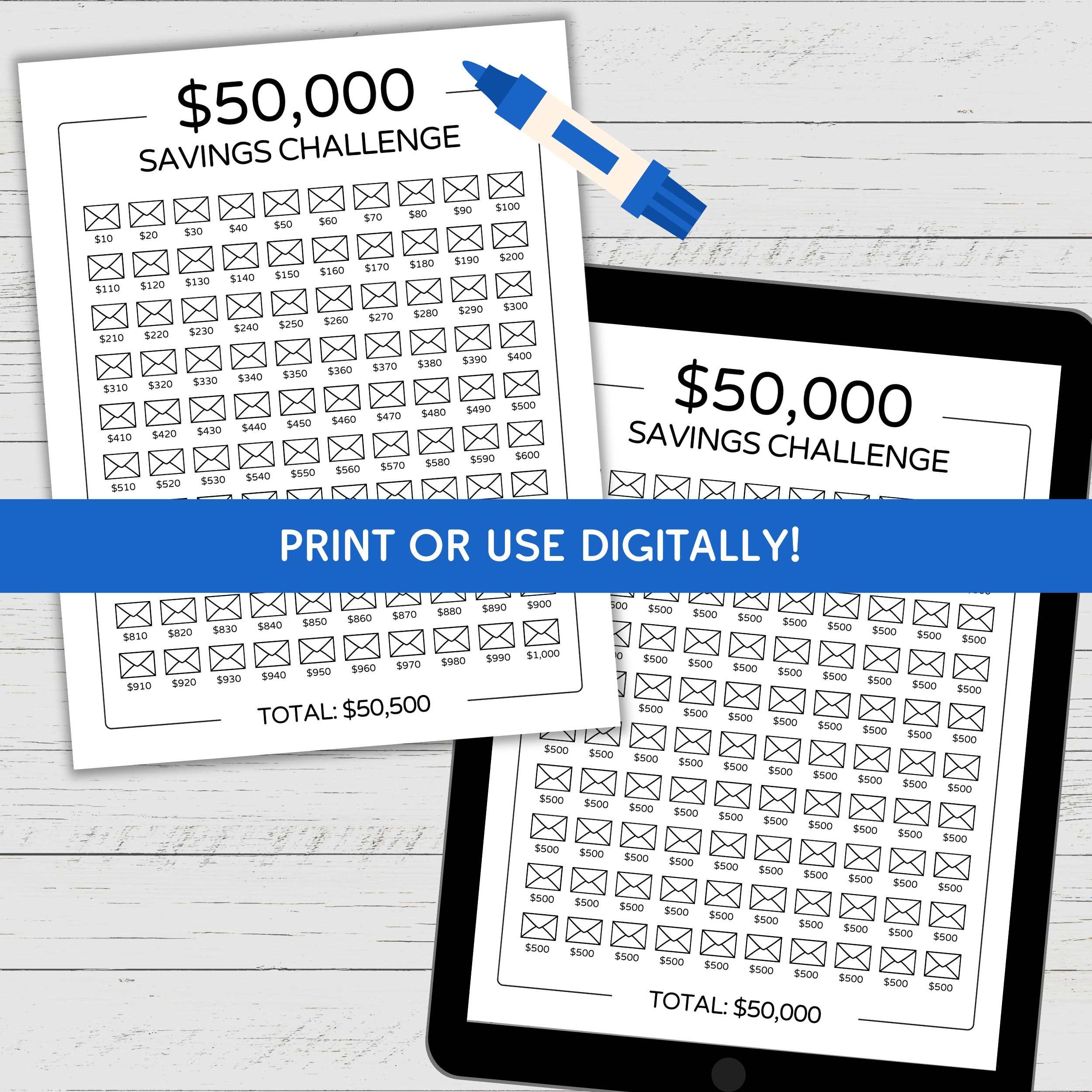 50K Savings Challenge Printable - 100 Envelopes Saving Challenge ...