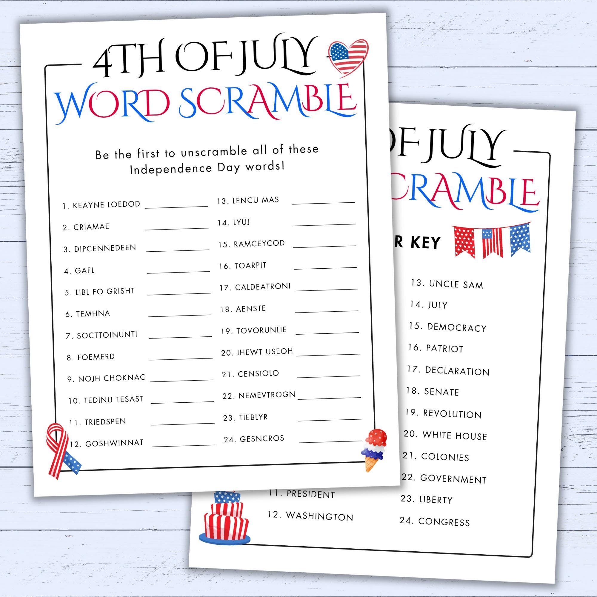 4th of July Word Scramble - Printable Independence Day Activity - Party ...
