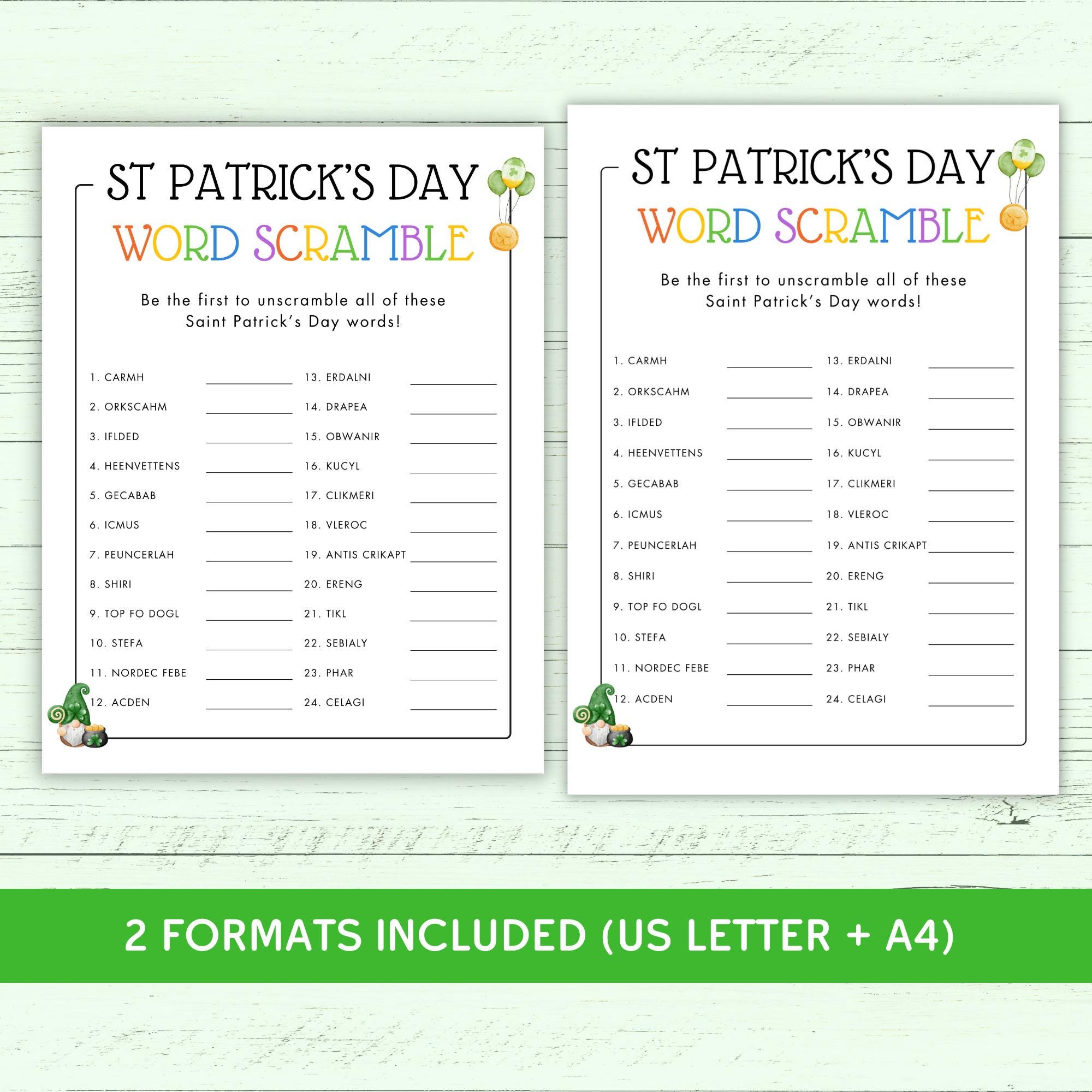 St Patrick's Day Word Scramble - Printable St Patty's Activity - Party ...