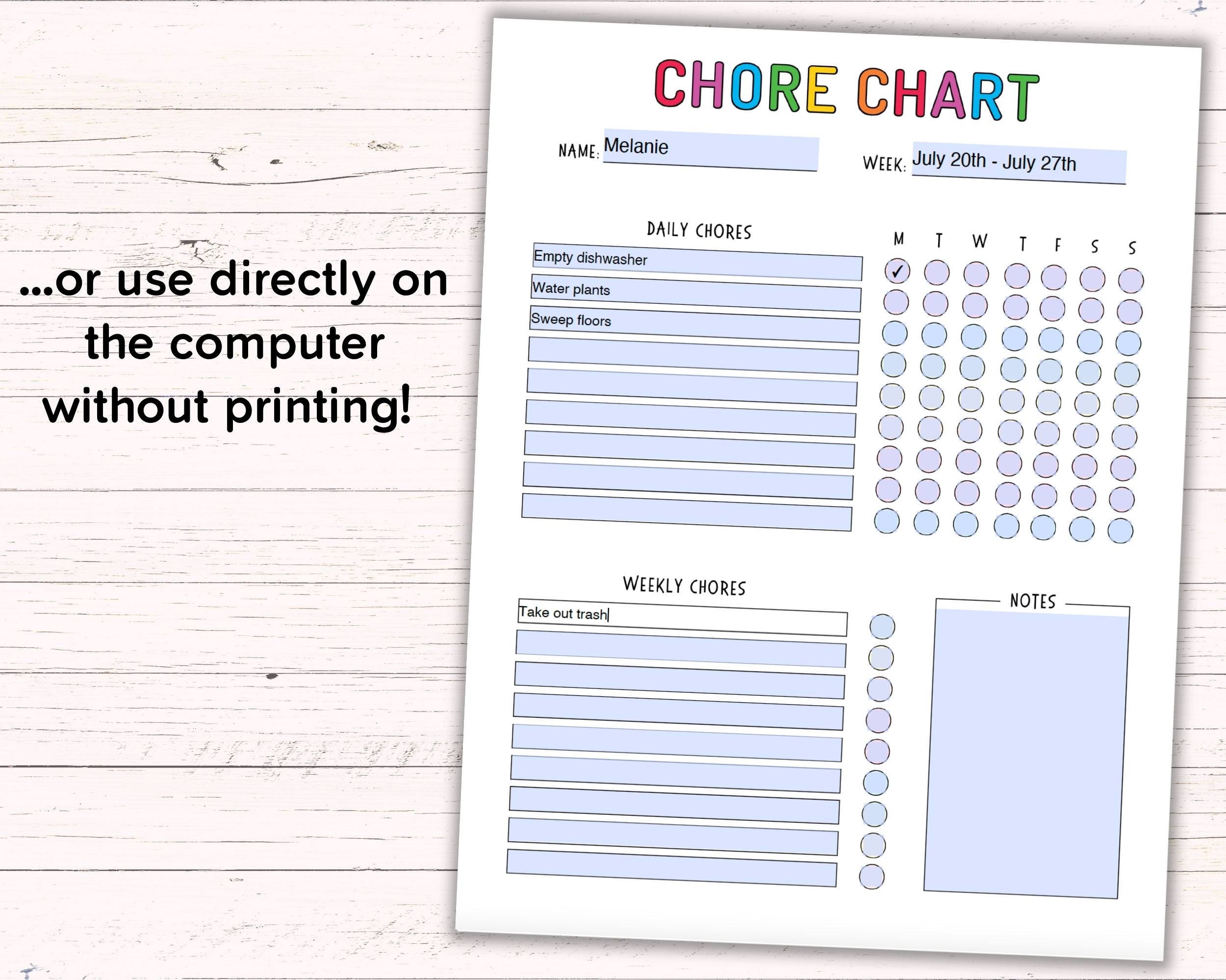 Printable Chore Chart for Kids Editable Daily & Weekly Chore Chart ...