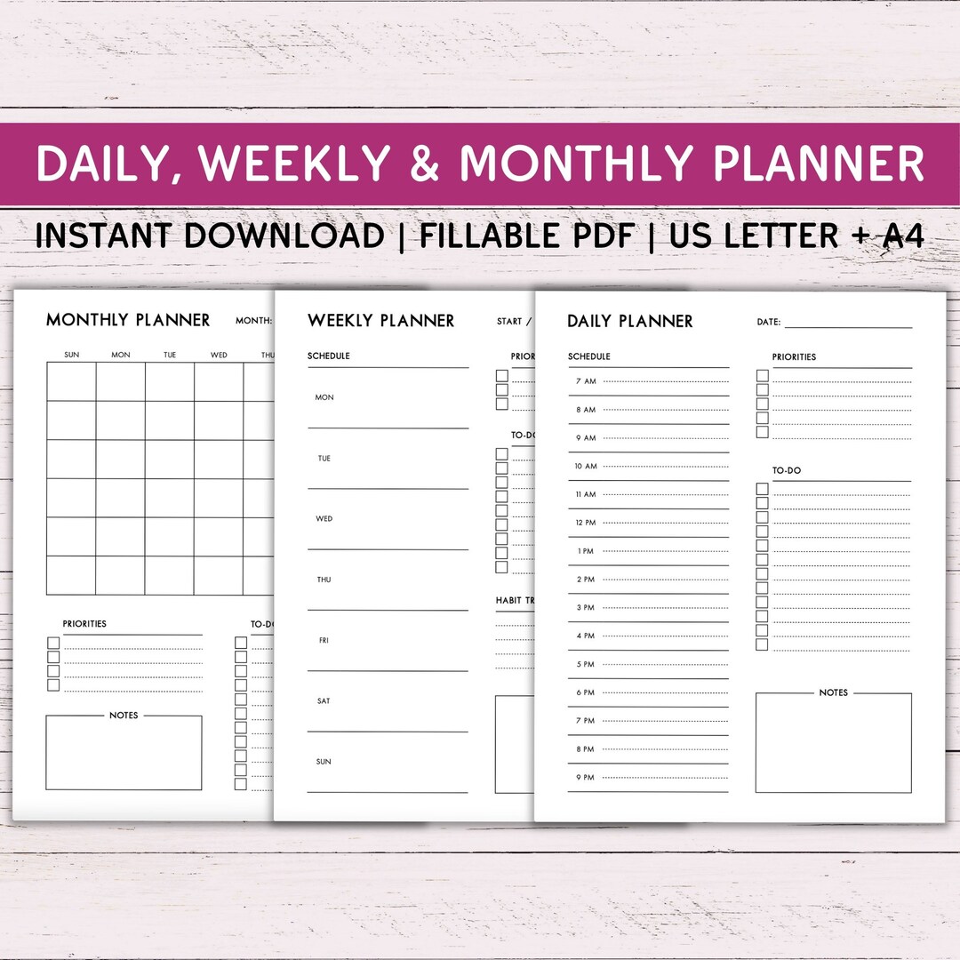 Editable Daily + Weekly + Monthly Planner Set - Instant Download ...