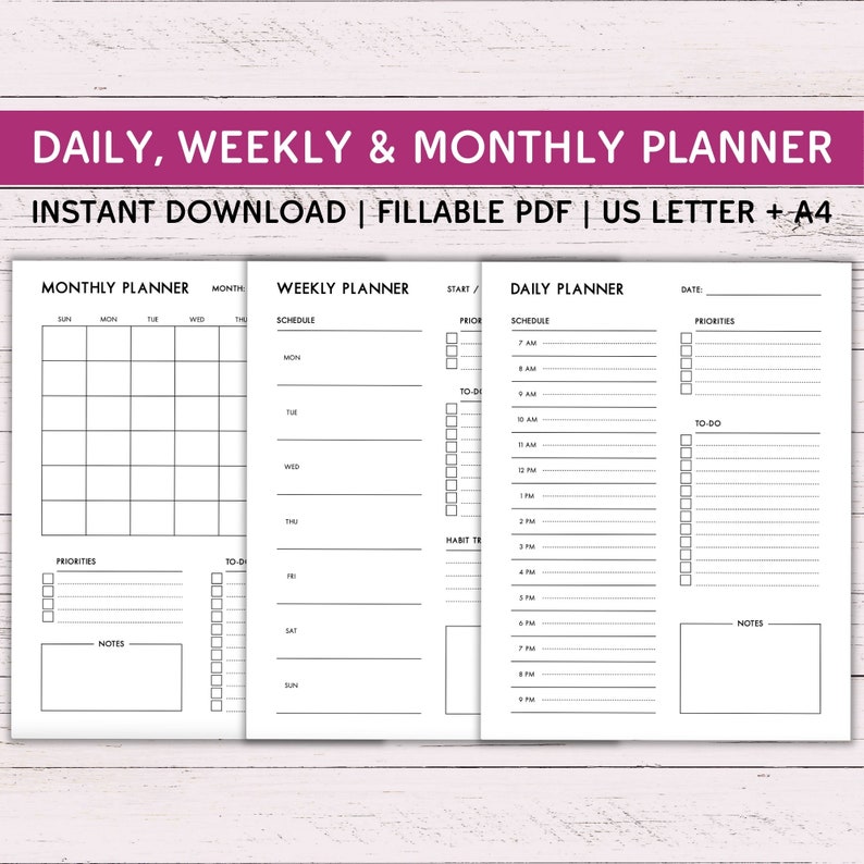 Editable Daily + Weekly + Monthly Planner Set - Instant Download ...