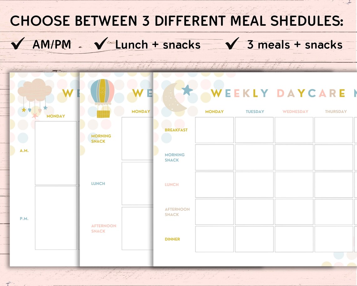 Printable Weekly & Monthly Daycare Menu Blank Fillable PDF | Etsy
