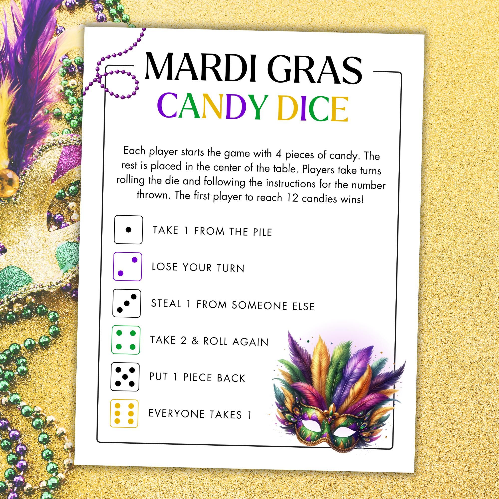 Printable Mardi Gras Candy Dice Game - Mardi Gras Party Game - Mardi ...