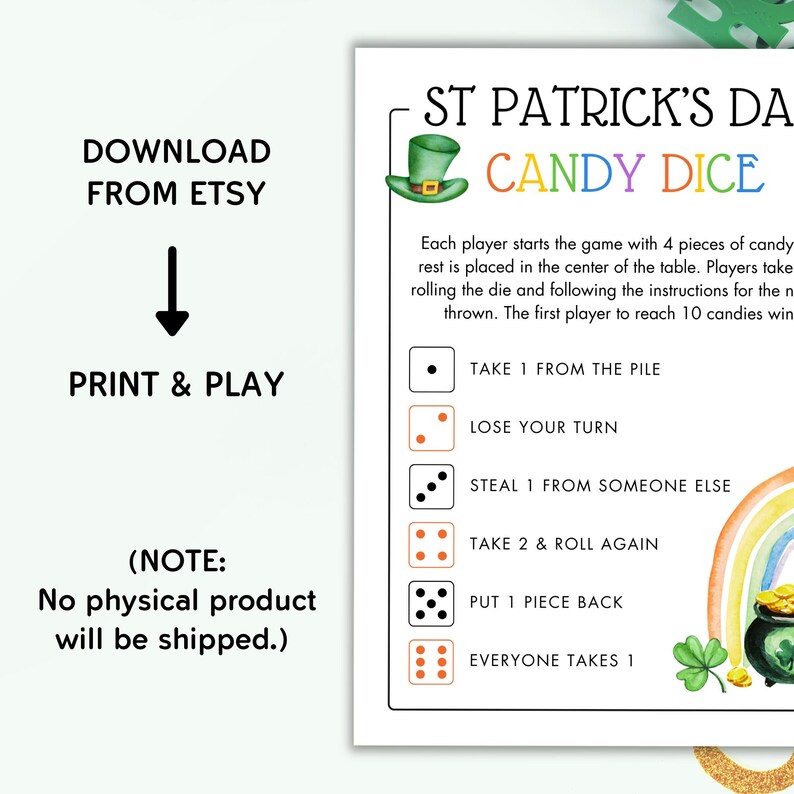 Printable St Patrick's Day Candy Dice Game - St Patty's Party Game - St ...