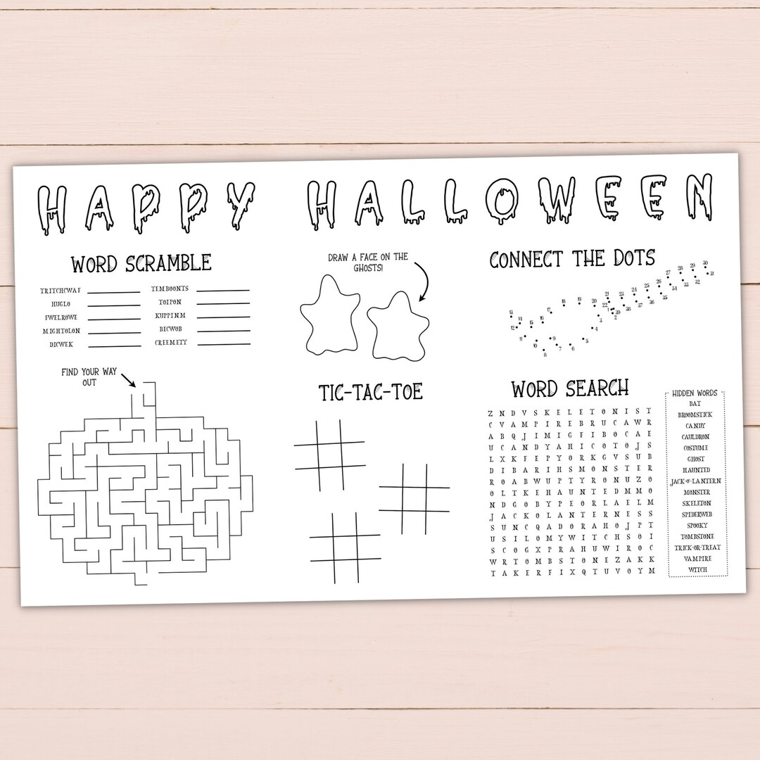 Printable Halloween Activity Placemat for Kids - 3 Sizes - Activity ...