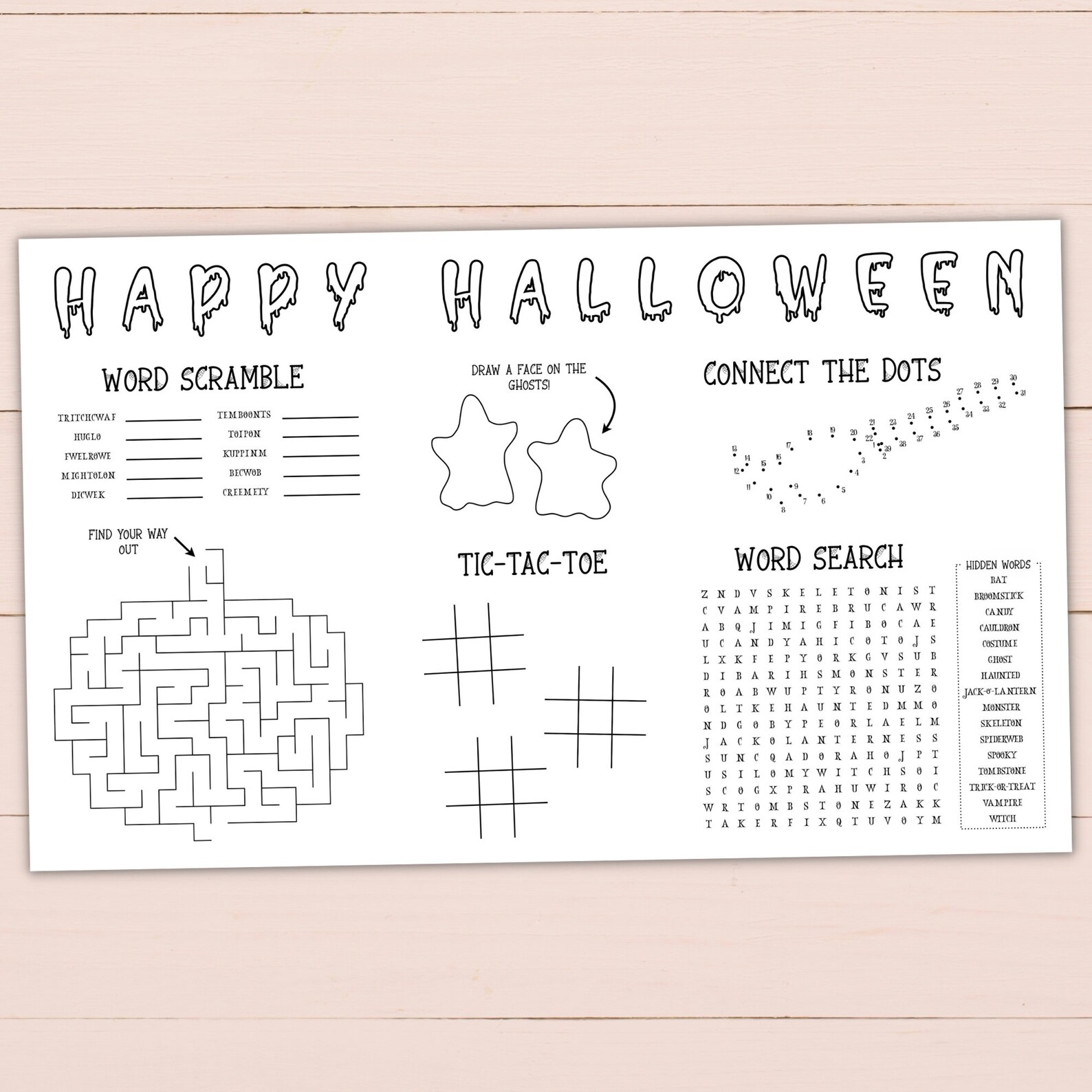 Printable Halloween Activity Placemat for Kids - 3 Sizes - Activity ...