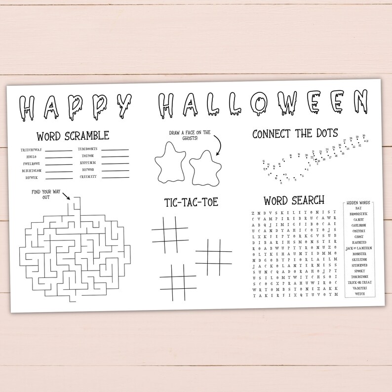Printable Halloween Activity Placemat for Kids - 3 Sizes - Activity ...