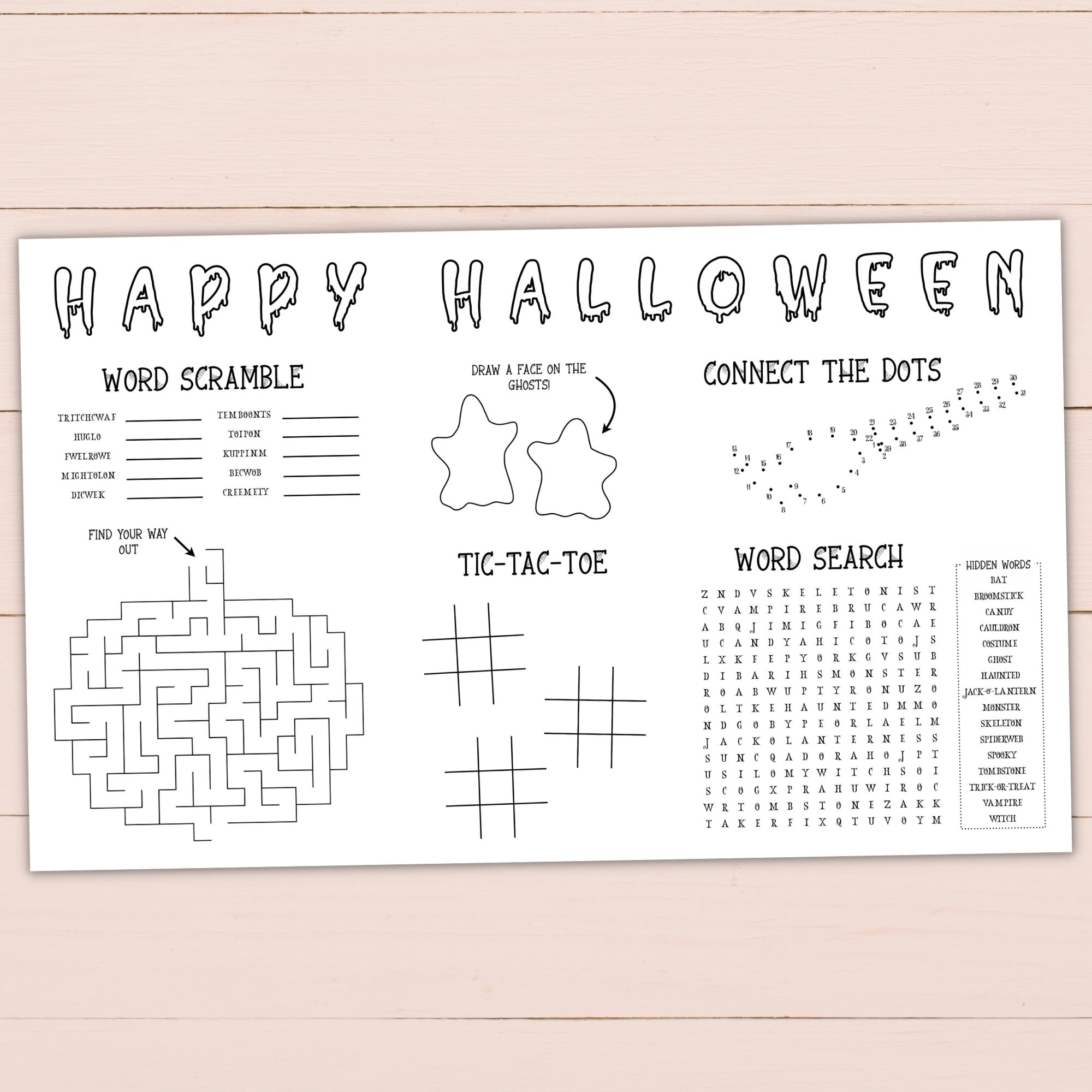 Printable Halloween Activity Placemat for Kids - 3 Sizes - Activity ...