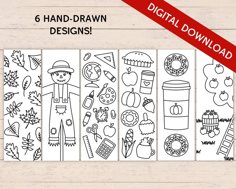 Printable Fall Coloring Bookmarks Set of 6 PDF Instant - Etsy