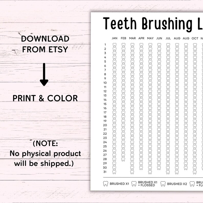 Yearly Teeth Brushing Tracker - Printable Teeth Brushing Log - Dental ...