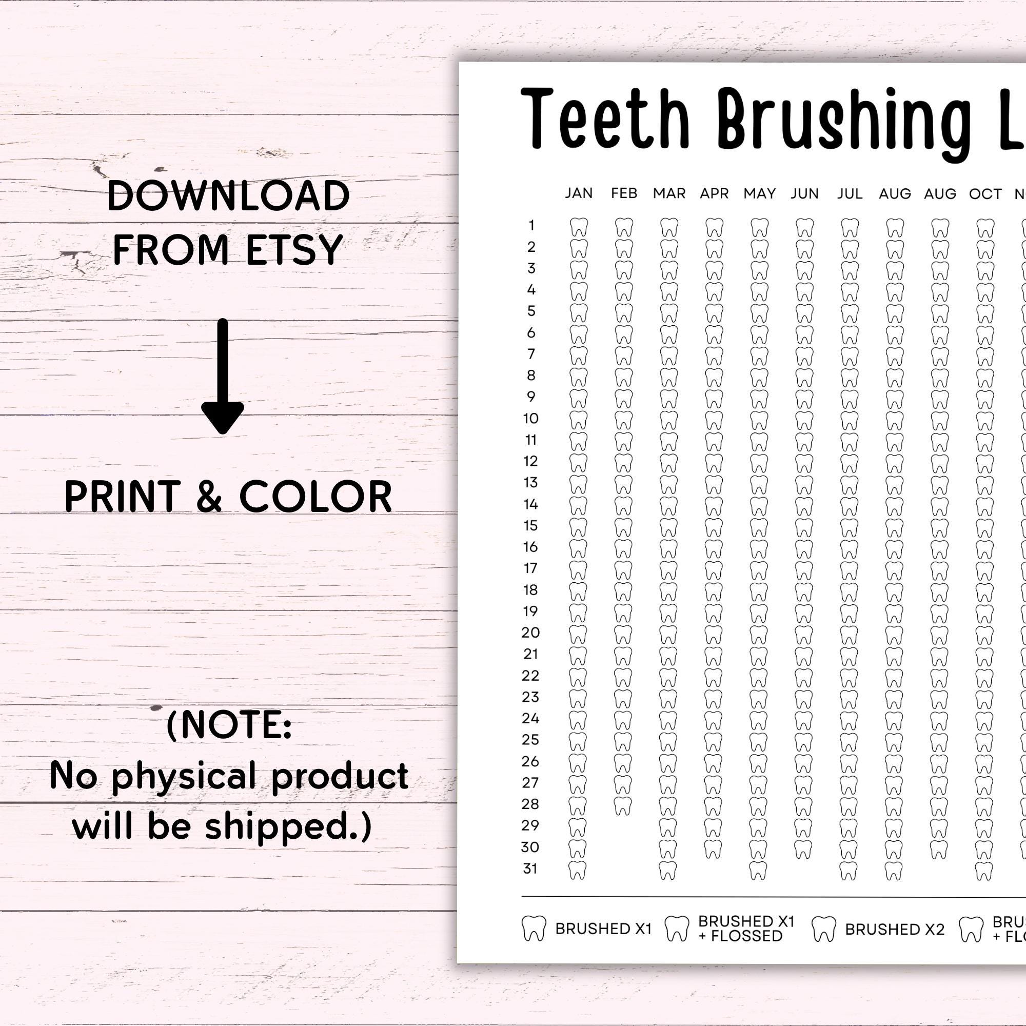 Yearly Teeth Brushing Tracker - Printable Teeth Brushing Log - Dental ...