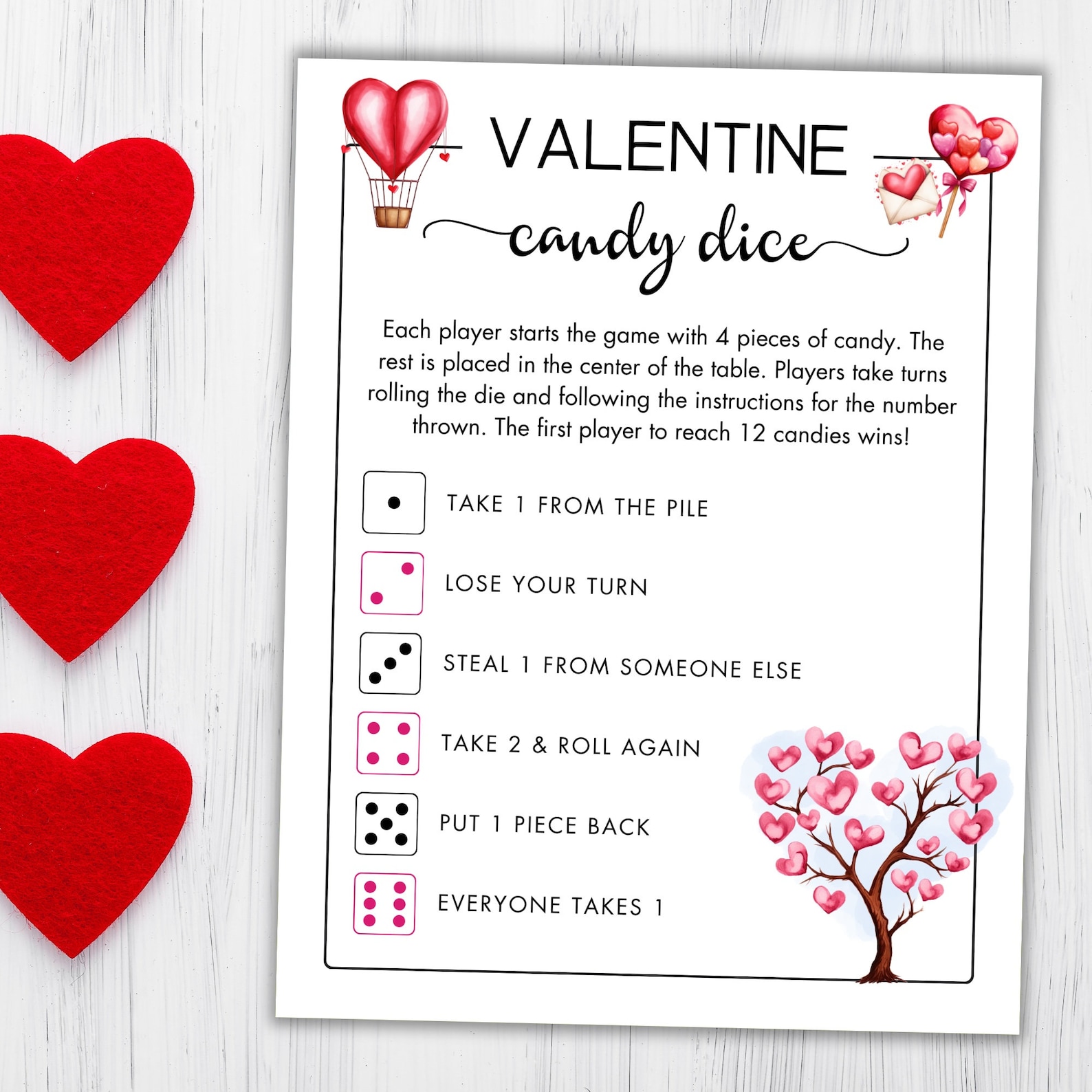 Printable Valentine Candy Dice Game - Valentine Party Game - Valentine ...