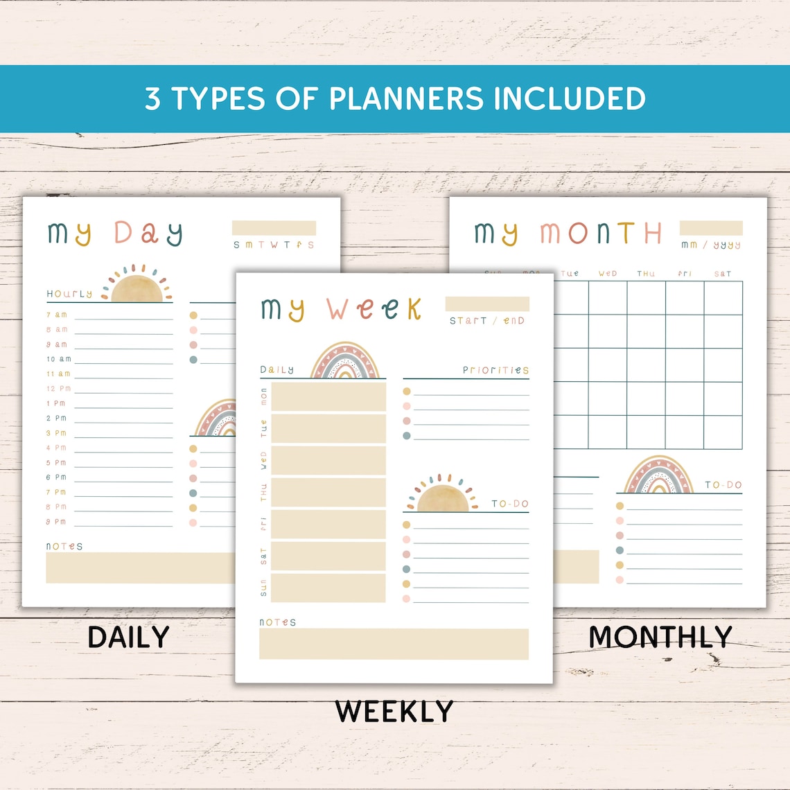 Printable Boho Daily Weekly Monthly Planner Page Bundle With Bonus To ...