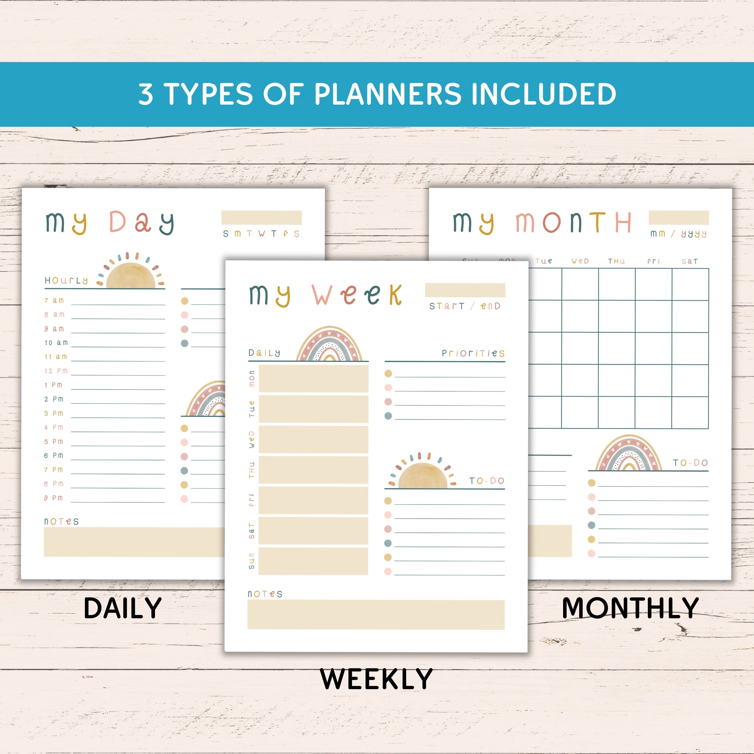 Printable Boho Daily + Weekly + Monthly Planner Page Bundle With Bonus ...
