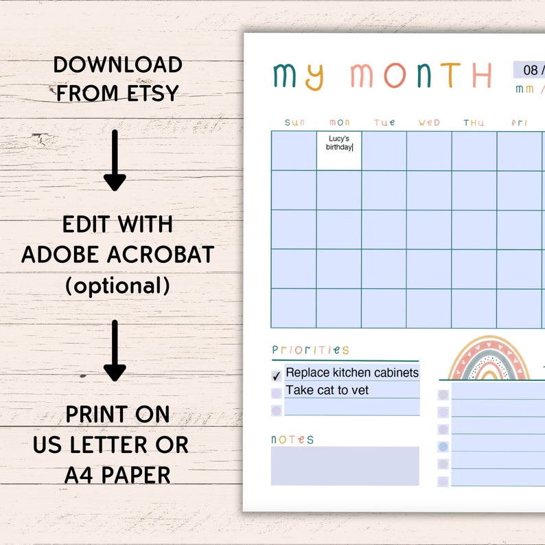 Printable Boho Monthly Planner - US Letter + A4 - Editable Instant ...