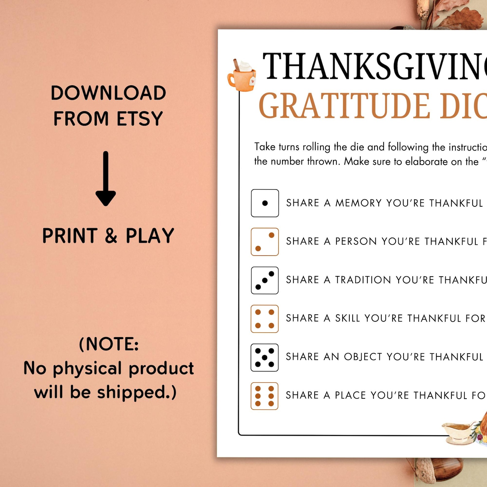 Thanksgiving Gratitude Dice Game - Thanksgiving Party Game ...