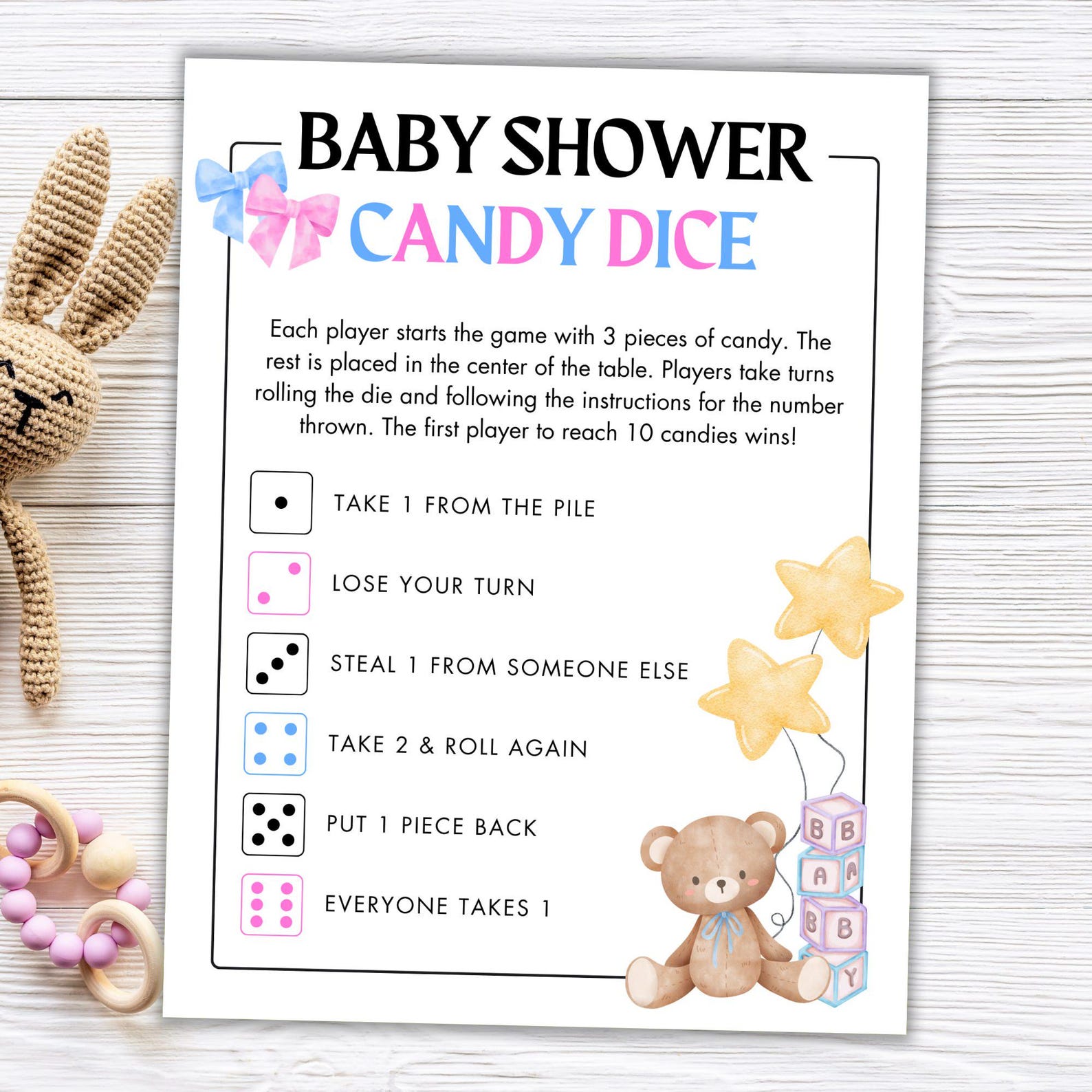 Printable Baby Shower Candy Dice Game - Baby Shower Party Game - Baby ...