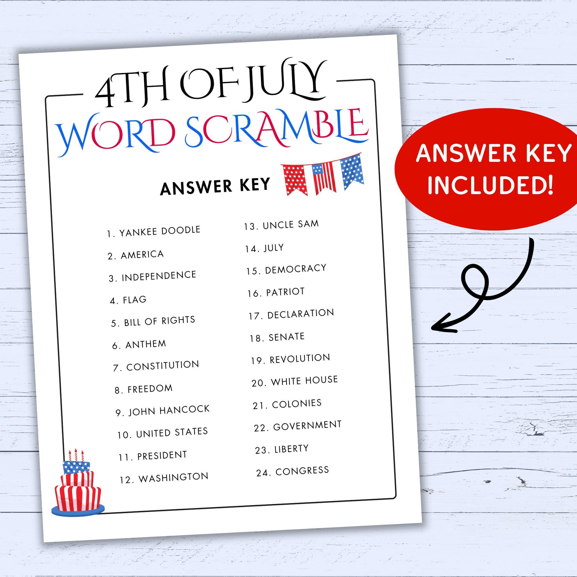 4th of July Word Scramble - Printable Independence Day Activity - Party ...