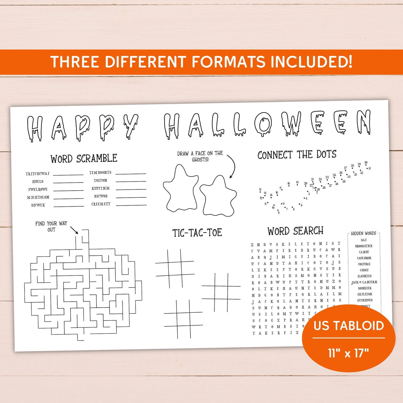 Printable Halloween Activity Placemat for Kids - 3 Sizes - Activity ...