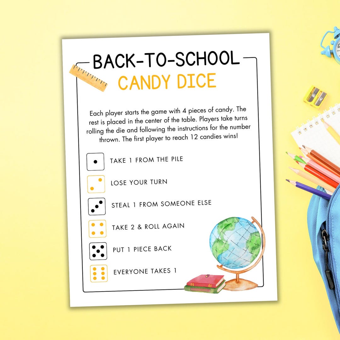 Printable Back to School Candy Dice Game - Game for Students - First ...