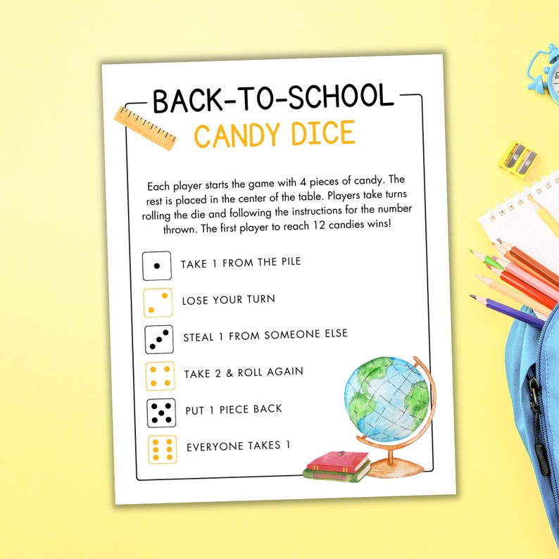 Printable Back to School Candy Dice Game - Game for Students - First ...