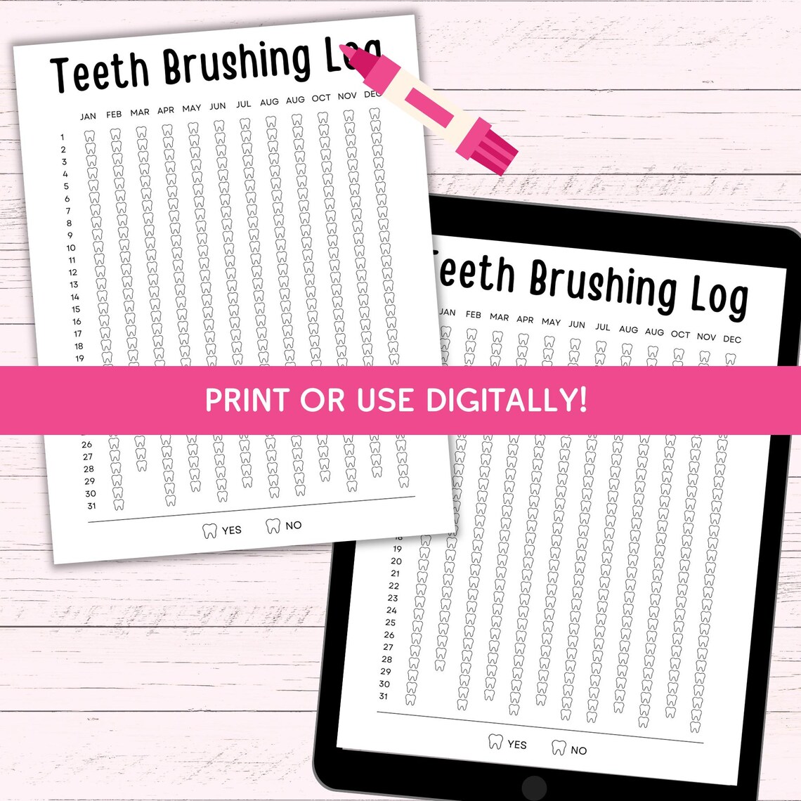 Yearly Teeth Brushing Tracker - Printable Teeth Brushing Log - Dental ...