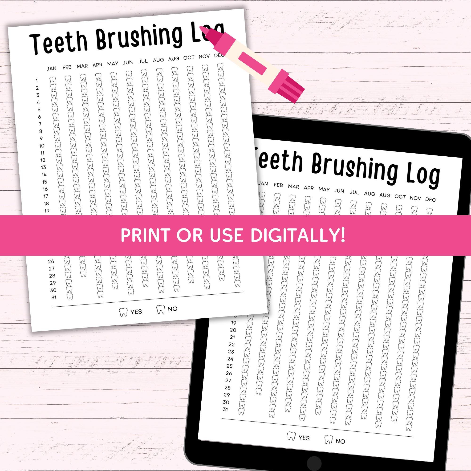 Yearly Teeth Brushing Tracker - Printable Teeth Brushing Log - Dental ...