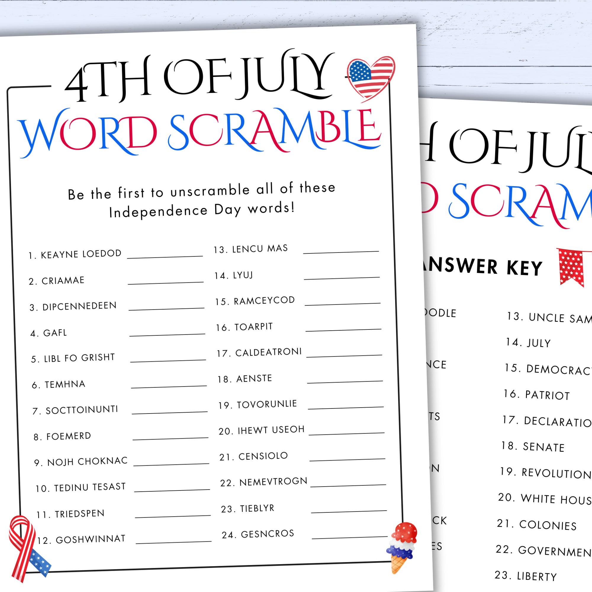 4th of July Word Scramble - Printable Independence Day Activity - Party ...