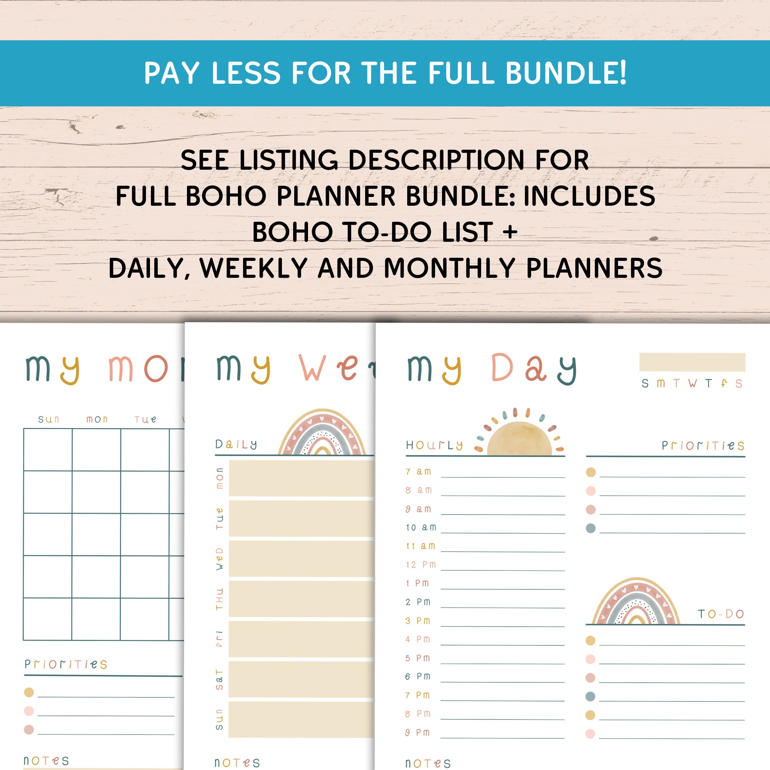 Printable Boho Daily Planner - US Letter + A4 - Editable Instant ...