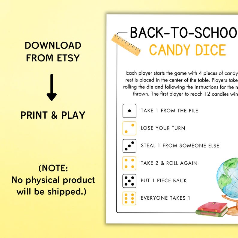 Printable Back to School Candy Dice Game - Game for Students - First ...