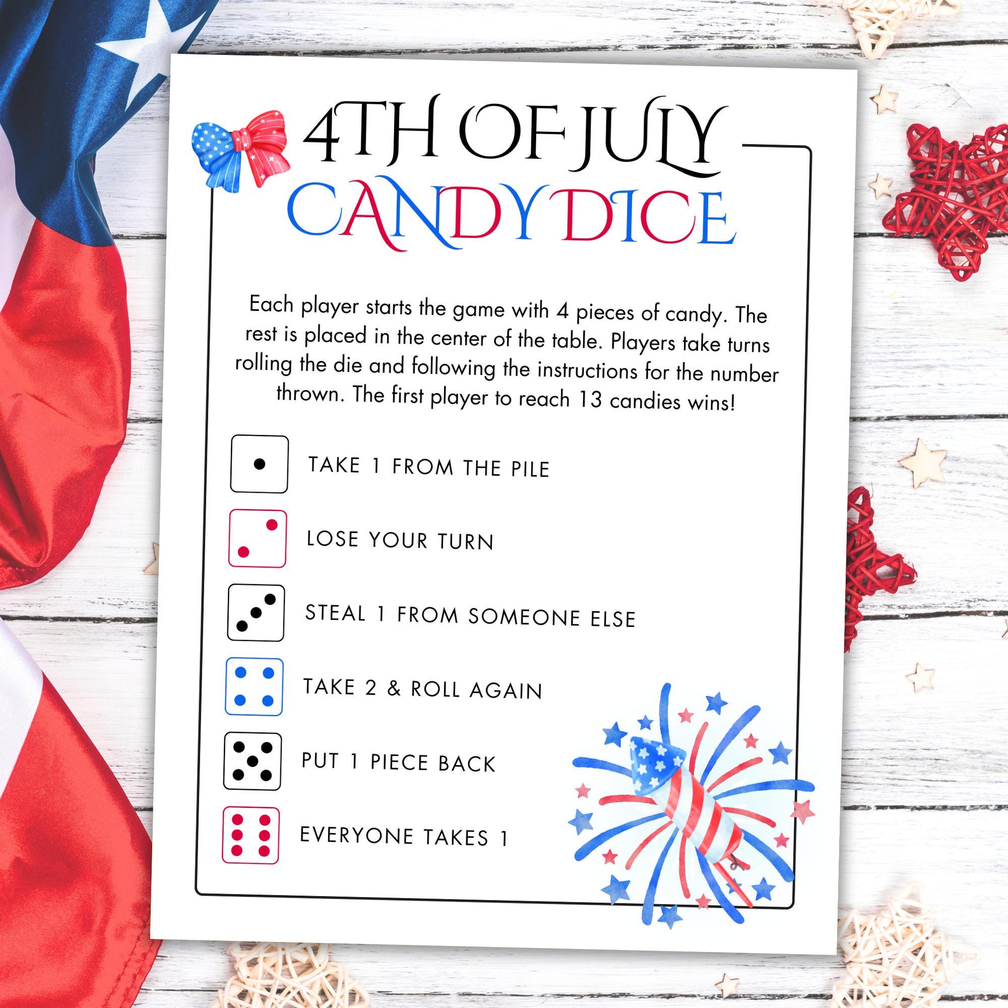 Printable 4th of July Candy Dice Game - 4th of July Party Game ...