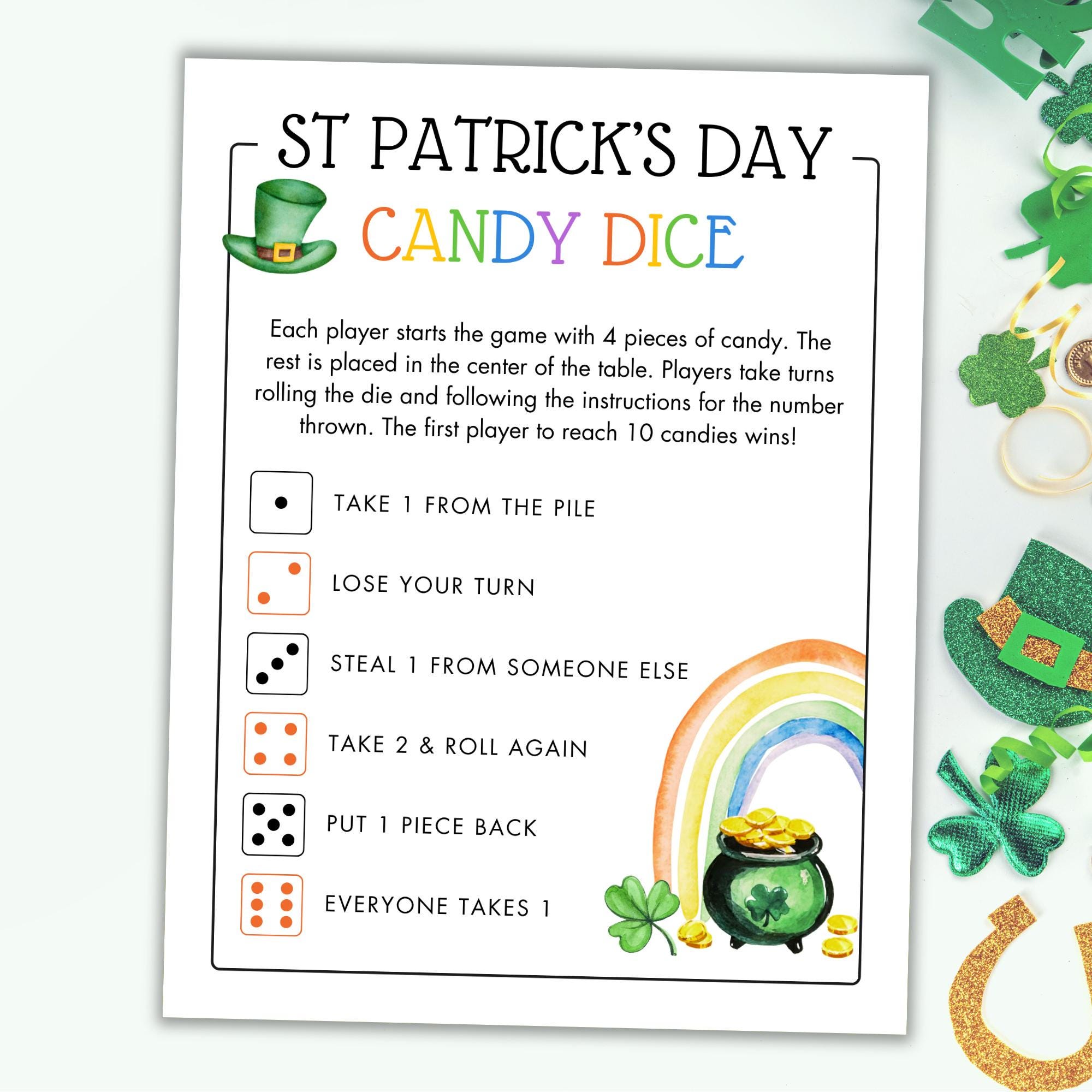 Printable St Patrick's Day Candy Dice Game - St Patty's Party Game - St ...