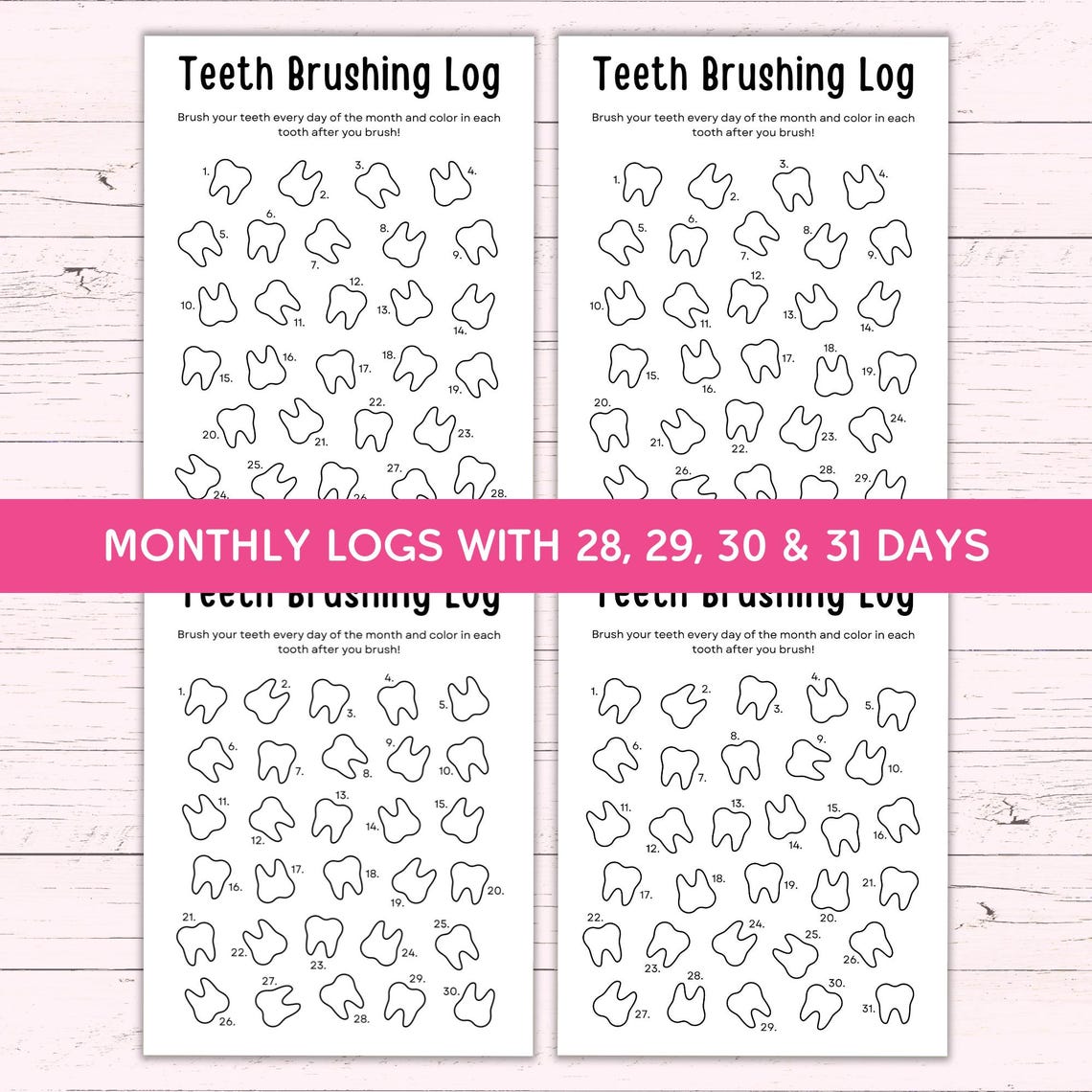 Monthly Teeth Brushing Tracker - Printable Teeth Brushing Log - Dental ...