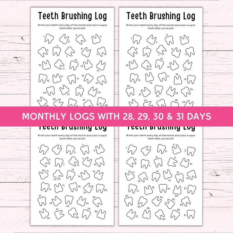 Monthly Teeth Brushing Tracker - Printable Teeth Brushing Log - Dental ...